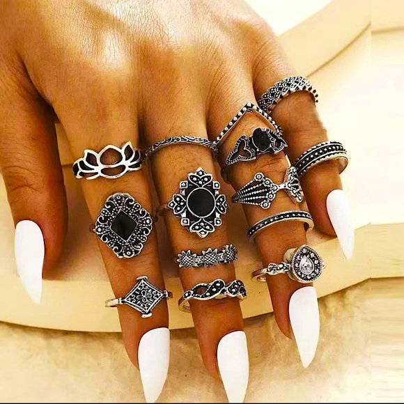 Jewelry | Ring Set Black Silver Goth Emo Boho Gypsy New Knuckle Joint ...